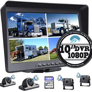 10.1″ 1080p backup camera monitor & built-in dvr for rv truck trailer rear side front reversing view wired system fhd image 4 split large screen 64gb recorder ip69 waterproof avoid blind spot kit