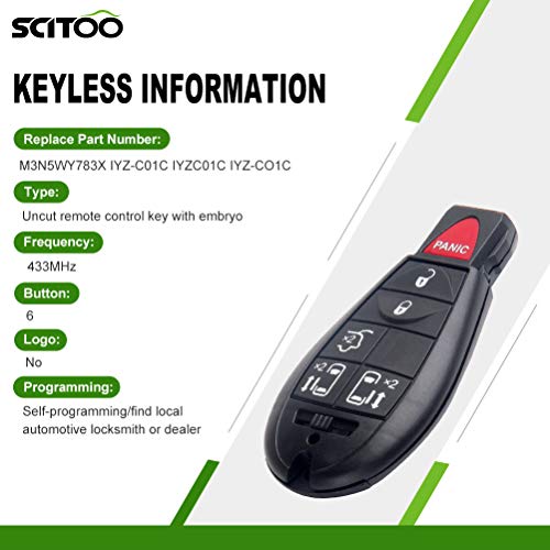 SCITOO 1PC Uncut 6 Buttons Keyless Entry Remote Car Key Fob for Dodge Grand Caravan Durango for Chrysler Town & Country 2008-2017 M3N5WY783X IYZ-C01C 433MHz