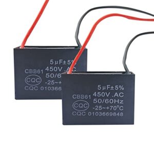 cbb61 ceiling fan capacitor 2 wire 5uf compatible with 400/350/300/250vac fan capacitor 50/60hz cbb61-5（2 pack）