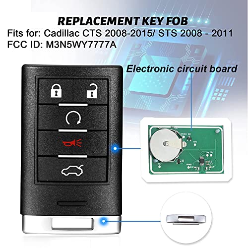 (FCC ID: M3N5WY7777A) 5 Buttons Compatible with Cadillac CTS 2008-2015/ STS 2008-2011Car Keyless Entry Remote Smart Key fob