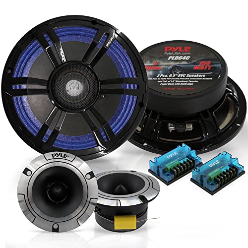 Pyle 6.5" Component Speakers for Car Audio - 2 Pair Kit Includes Pair of Crossover Networks and 1'' Aluminum Tweeters, Paper Cone with Cloth Edge - PLD64C