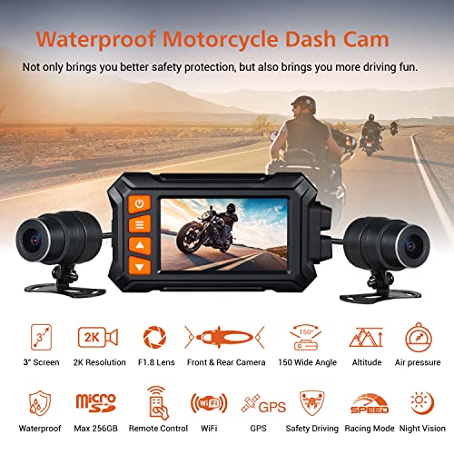 ZOMFOM MD30 Dual 2K 30fps/1080P 60fps Motorcycle Camera, All Waterproof Dash Cam 3'' LCD Front and Rear 150° Wide Angle with Wired Remote, Wi-Fi, GPS, EIS and Race Mode, Max up to 256GB