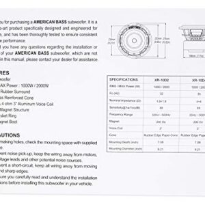 American Bass XR-10D2 10" Subwoofer Dual 2 Ohm 2000W Max 200 Oz. Magnet Single