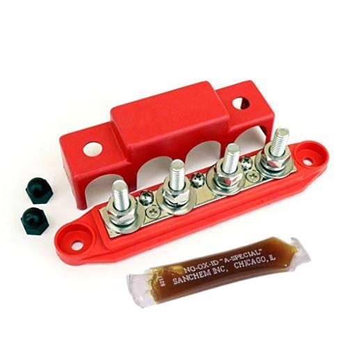 Bay Marine Supply Busbar - Made in USA – 4-Post 250 Amp Stainless Steel Distribution Block - 3/8" Red