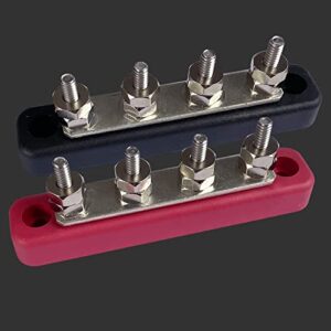 Orifort 4 Terminals Brass Bus Bar, 4.2" Power and Ground Distribution Block Brass BusBar Battery Junction for Car Boat and More (1 Pair)