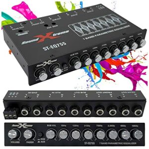 soundxtreme st-eq755 1/2 din 7 band car audio parametric equalizer eq with front, rear + sub output 8 volt rms three stereo rca output built-in input aux / dvd select switch