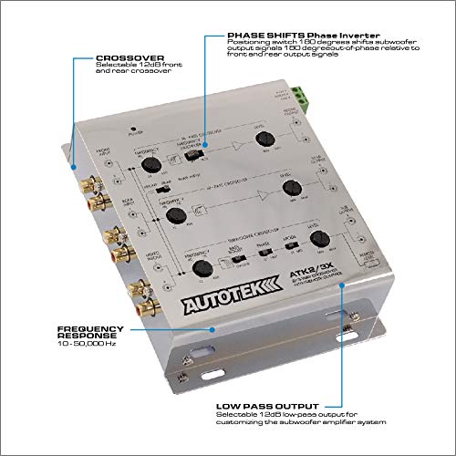 Autotek ATK2 3X Active Crossover Processor (Silver) – 8.5 Volts, 2-Way and 3-Way, Remote Bass Control Included, Built-In Crossovers, Level Adjust