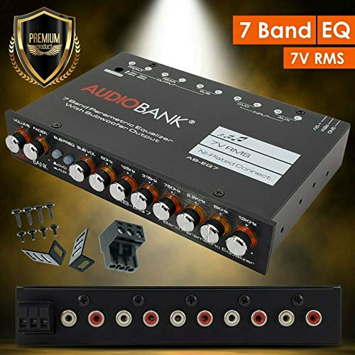 Audiobank EQ7 1/2 Din 7 Band Car Audio Equalizer EQ with Front, Rear/Frequency Adjustable /3 Stereo RCA Input for Portable Devices & Subwoofer Output -2nd Gen