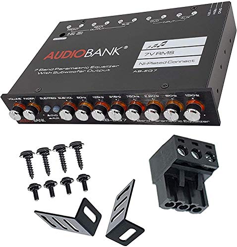 Audiobank EQ7 1/2 Din 7 Band Car Audio Equalizer EQ with Front, Rear/Frequency Adjustable /3 Stereo RCA Input for Portable Devices & Subwoofer Output -2nd Gen