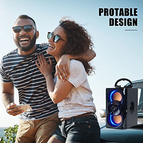 DINDIN Bluetooth Speaker, Portable Wireless Speakers with Lights, 2 Double Subwoofer Heavy Bass, 2 Loud Speaker, FM Radio, SD Player, Remote, Suitable for Travel, Indoor and Outdoor