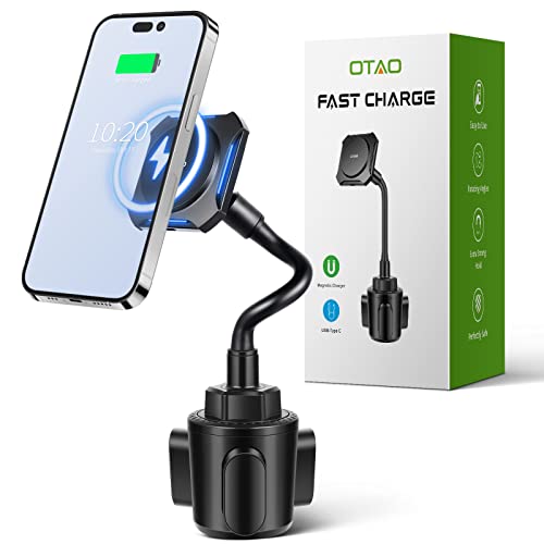 OTAO Compatible with Magsafe Car Mount Charger, Cup Holder Phone Mount for Car[Adjustable Gooseneck ],Magnetic Wireless Car Charger for Magsafe iPhone 14 Pro Max/14 Pro/14/14 Plus,iPhone 13/12 Series