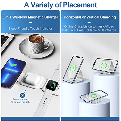 Foldable 3-in-1 Wireless Charger with Strong Magnetic Absorption,Travel Charging Station Compatible with iPhone14/13/12 Series,AirPods 3/2/Pro,iWatch(Pearl White)