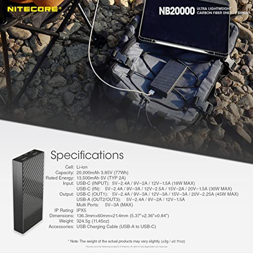 Nitecore NB20000 Power Bank, 20000mAh 45W Fast Charging QC PD Compatible with iPhone, Samsung Galaxy and Tablets with Lumentac USB Charging Cable