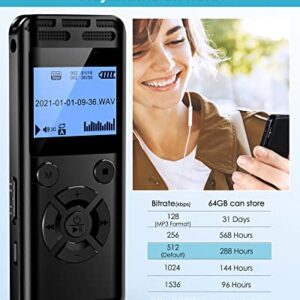 64GB Digital Voice Recorder, Wevoor Voice Activated Recorder with 560mAh Large Capacity Battery, Professional Recording Device with Playback, Password, Timed recording, Repeat, Variable Speed Playback