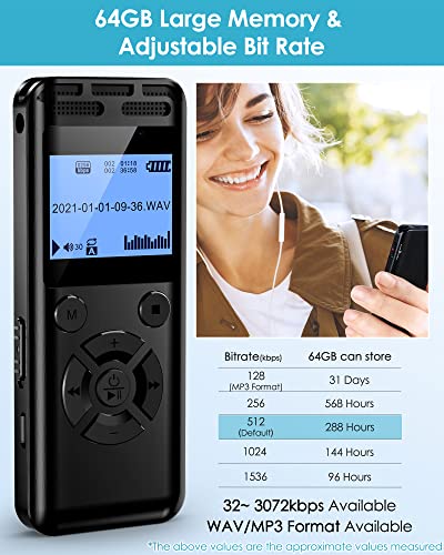 64GB Digital Voice Recorder, Wevoor Voice Activated Recorder with 560mAh Large Capacity Battery, Professional Recording Device with Playback, Password, Timed recording, Repeat, Variable Speed Playback