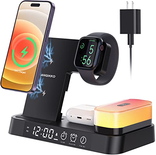 5 in 1 Foldable Wireless Charger Charging Station Alarm Clock & Night Light with Watch Charger Cable & Adapter for iWacth AirPods iPhone 14/13/12/11/Pro etc