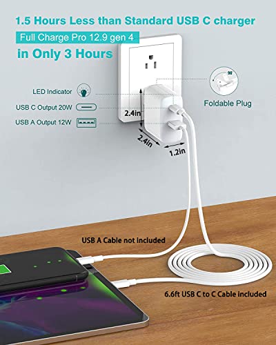 32W 2 Port with 20W USB C Fast Charger Compatible with iPad Pro 12.9 Gen 5/4/3 2021/2020/2018, Pro 11 Gen 3/2/1, New Mini 6, Air 4, Pixel 5 4 3 2 XL 3/4A 2/3/4XL，6.6ft 3A USB C to C Cord