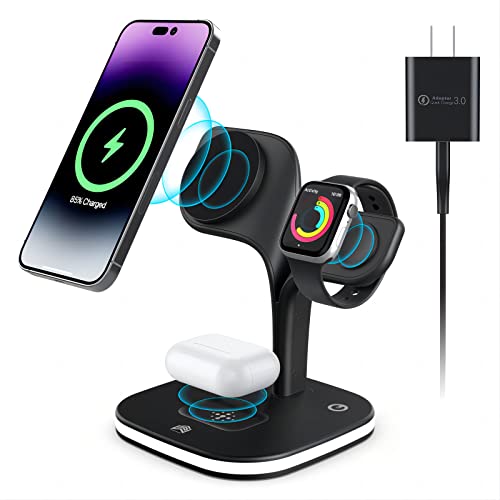 Greenlemon Mag Safe Charger Station 3 in 1 Wireless Charging Station for Apple with LED and Adapter Desk Magnetic Charger for iPhone 14,13,12 Pro/Max/Mini/Plus, Watch 8/7/6/SE/5/4, Airpods 3/2/Pro