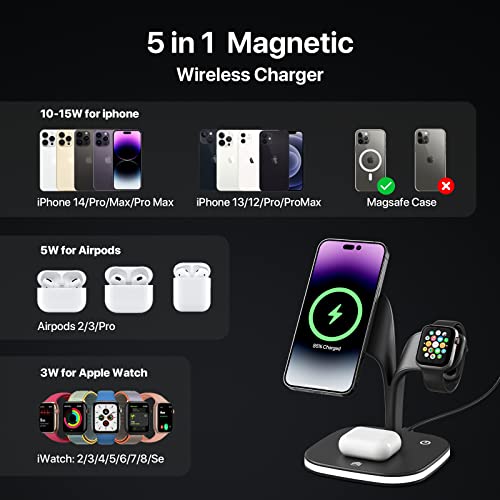 Greenlemon Mag Safe Charger Station 3 in 1 Wireless Charging Station for Apple with LED and Adapter Desk Magnetic Charger for iPhone 14,13,12 Pro/Max/Mini/Plus, Watch 8/7/6/SE/5/4, Airpods 3/2/Pro