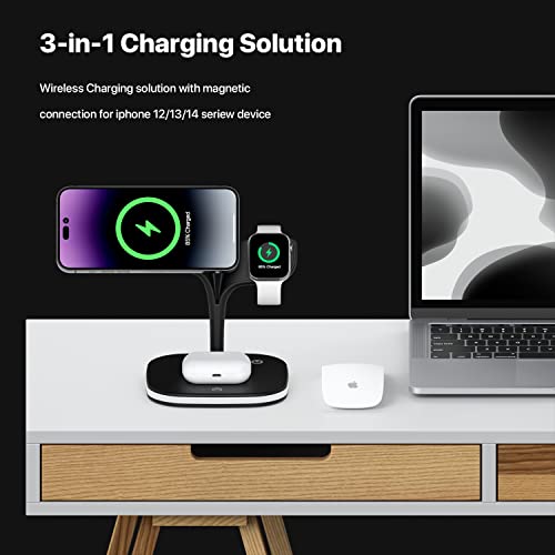 Greenlemon Mag Safe Charger Station 3 in 1 Wireless Charging Station for Apple with LED and Adapter Desk Magnetic Charger for iPhone 14,13,12 Pro/Max/Mini/Plus, Watch 8/7/6/SE/5/4, Airpods 3/2/Pro