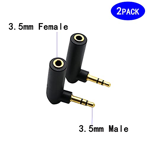 3.5mm Angle Male to Female Audio Adapter, 90 Degree Right Angle Gold-Plated TRS Stereo Jack Plug AUX Connector Compatible with Headset, Tablets, MP3 Players, Game Controller, Speakers(2 Pack)