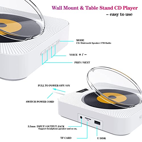 Portable CD Player with Bluetooth, Wall Mountable CD Player with Dust Cover,FM Radio,Built-in Speakers,USB Port,AUX Input,LCD Display