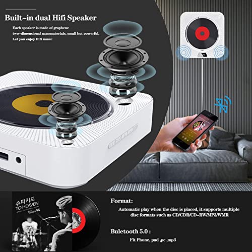 Portable CD Player with Bluetooth, Wall Mountable CD Player with Dust Cover,FM Radio,Built-in Speakers,USB Port,AUX Input,LCD Display