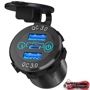 56w usb c car charger socket, ouffun aluminum metal 12v/24v multiple usb outlet pd 20w usb-c and dual qc3.0 ports with power switch car usb port 12v socket for car rv boat marine truck golf motorcycle