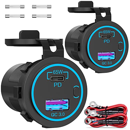 83W 12V USB Outlet Laptop Charger: Newest 2 Pack 65W USB-C PD3.0 and 18W QC3.0 Multi Car USB Port 12V Socket Waterproof with Power Switch for Car Boat Marine Bus Truck Golf Cart RV Moto, etc.