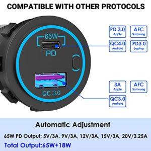 83W 12V USB Outlet Laptop Charger: Newest 2 Pack 65W USB-C PD3.0 and 18W QC3.0 Multi Car USB Port 12V Socket Waterproof with Power Switch for Car Boat Marine Bus Truck Golf Cart RV Moto, etc.