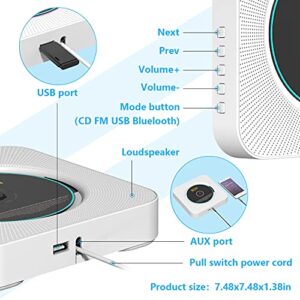 AONCO Portable CD Player,Bluetooth Wall-Mounted CD Music Player Home Audio Speaker,with Remote Control FM Radio Built-in HiFi Speaker,MP3 Headphone Jack Aux Out,White