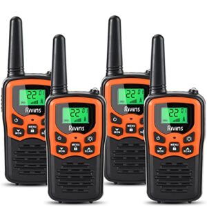 walkie talkies rv-7 with 22 frs channels, rivins walkie talkies long range for adults with led flashlight vox scan lcd display, handheld walkie talkie for hiking camping trip (orange 4 pack)