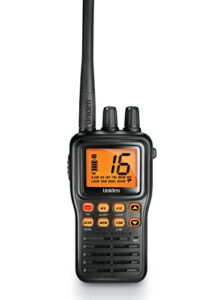 uniden mhs75 waterproof handheld 2-way vhf marine radio, submersible, selectable 1/2.5/5 watt transmit power. all usa/international and canadian marine channels – color black