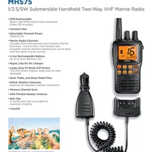 Uniden MHS75 Waterproof Handheld 2-Way VHF Marine radio, Submersible, Selectable 1/2.5/5 Watt Transmit Power. All USA/International and Canadian Marine Channels - Color Black