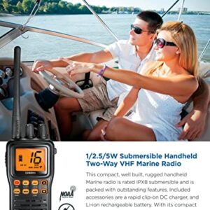 Uniden MHS75 Waterproof Handheld 2-Way VHF Marine radio, Submersible, Selectable 1/2.5/5 Watt Transmit Power. All USA/International and Canadian Marine Channels - Color Black