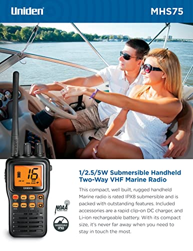 Uniden MHS75 Waterproof Handheld 2-Way VHF Marine radio, Submersible, Selectable 1/2.5/5 Watt Transmit Power. All USA/International and Canadian Marine Channels - Color Black