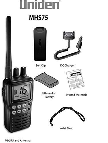 Uniden MHS75 Waterproof Handheld 2-Way VHF Marine radio, Submersible, Selectable 1/2.5/5 Watt Transmit Power. All USA/International and Canadian Marine Channels - Color Black