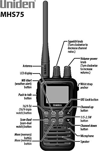 Uniden MHS75 Waterproof Handheld 2-Way VHF Marine radio, Submersible, Selectable 1/2.5/5 Watt Transmit Power. All USA/International and Canadian Marine Channels - Color Black