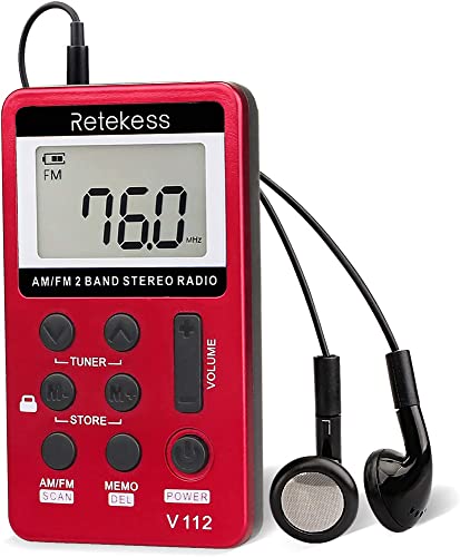 Retekess V112 AM FM Portable Pocket Radio Digital Tuning Stereo Volume with Earphone Rechargeable Battery for Walking Gym (Red)