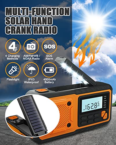 2023 Newest Emergency Radio, 4000mAh Power Bank Solar Hand Crank Radio, AM/FM/WB/NOAA and Alert Portable Weather Radio, Multifunctional SOS Alarm Survival Radio with Flashlight for Outdoor Home