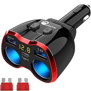 cigarette lighter splitter qc 3.0, 2-socket usb c car charger adapter type c multi power outlet 12v/24v 80w dc with led voltmeter switch dual usb port for iphone gps dashcam ipad android samsung