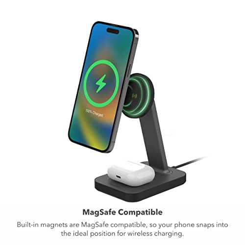 mophie Snap+ 2-in-1Charge Stand & Pad - 15w Wireless Charger Compatible with iPhones & AirPods, Includes Snap+ Adapter for Other Qi Enabled Phones, Steel Base, Adjustable Angles