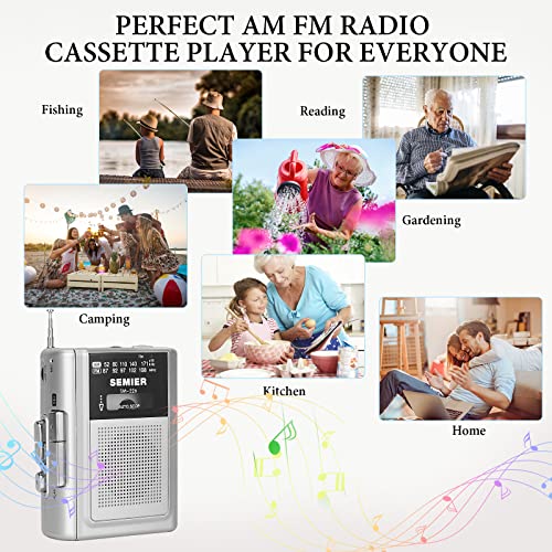 SEMIER Portable Cassette Player Recorder AM FM Radio Stereo -Compact Personal Walkman Cassette Tape Player/Recorder with Built in Speaker and Earphones -Silver