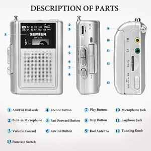 SEMIER Portable Cassette Player Recorder AM FM Radio Stereo -Compact Personal Walkman Cassette Tape Player/Recorder with Built in Speaker and Earphones -Silver