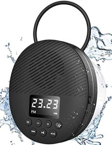 shower radio speaker with bluetooth 5.0, agptek waterproof wireless bathroom fm with suction cup 12h long playback time, lanyard, lcd screen display, handsfree calling, storage card playback black