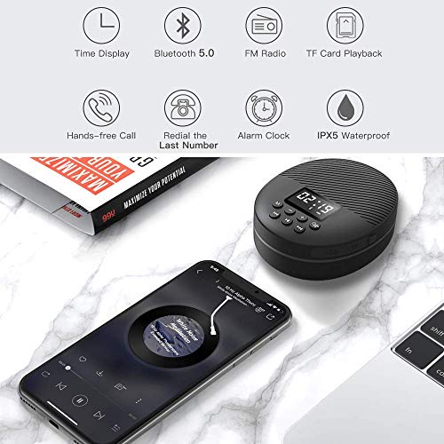 Shower Radio Speaker with Bluetooth 5.0, AGPTEK Waterproof Wireless Bathroom FM with Suction Cup 12H Long Playback Time, Lanyard, LCD Screen Display, Handsfree Calling, Storage Card Playback Black