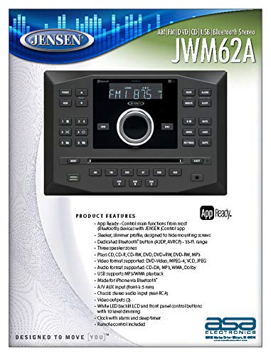 Jensen JWM62A AM|FM|DVD|CD|USB|AUX|App Ready Bluetooth Wallmount Stereo w/ App Control, 3-Speaker Zones / 8 Speaker Output 8X 6 Watt, Receives Bluetooth Audio (A2DP) & Controls (AVRCP) from Devices