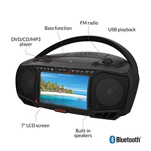 Aiwa Portable Boombox, Crystal Clear Sound with 3W x 2 Speakers and Bass Function, Featuring a 7" LCD Display, Bluetooth Connectivity, FM Radio, CD/DVD Player, Streaming on Roku and Amazon Firestick