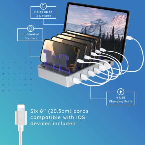 Hercules Tuff Charging Station for Multiple Devices, with 6 USB Fast Ports, Compatible with Cell Phones, Smart Phones, Tablets, and Other Electronics (Silver)