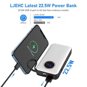 LJEHC Small Portable Charger 10000mAh,22.5W Fast Charging Power Bank Built in Cable,Ultra Compact USB C Phone External Battery Pack for iPhone iPad Samsung LG Android Cellphone